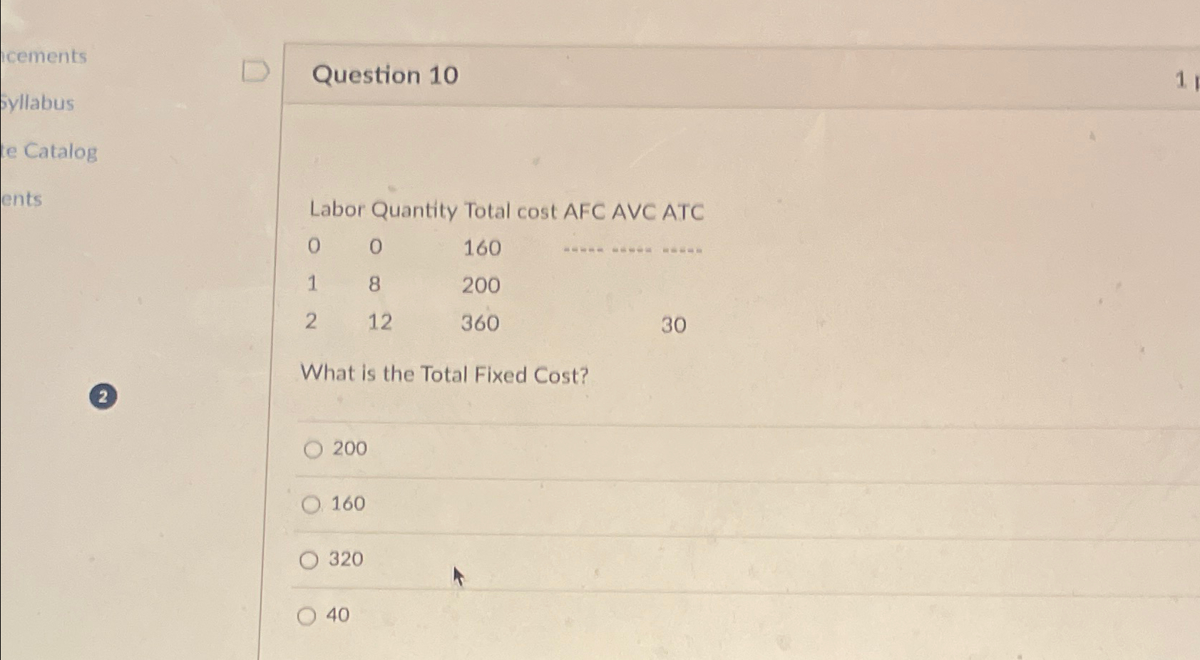 Solved Question 10Labor Quantity Total cost AFC AVC | Chegg.com