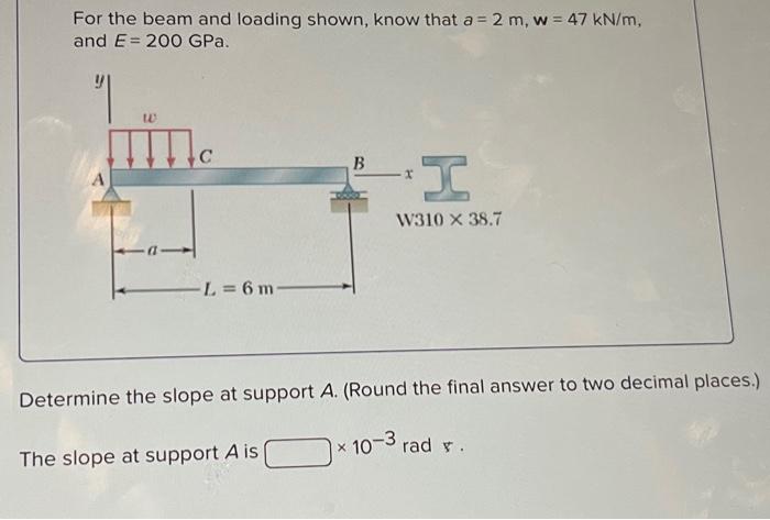 = For the beam and loading shown, know that a 2 m, w | Chegg.com