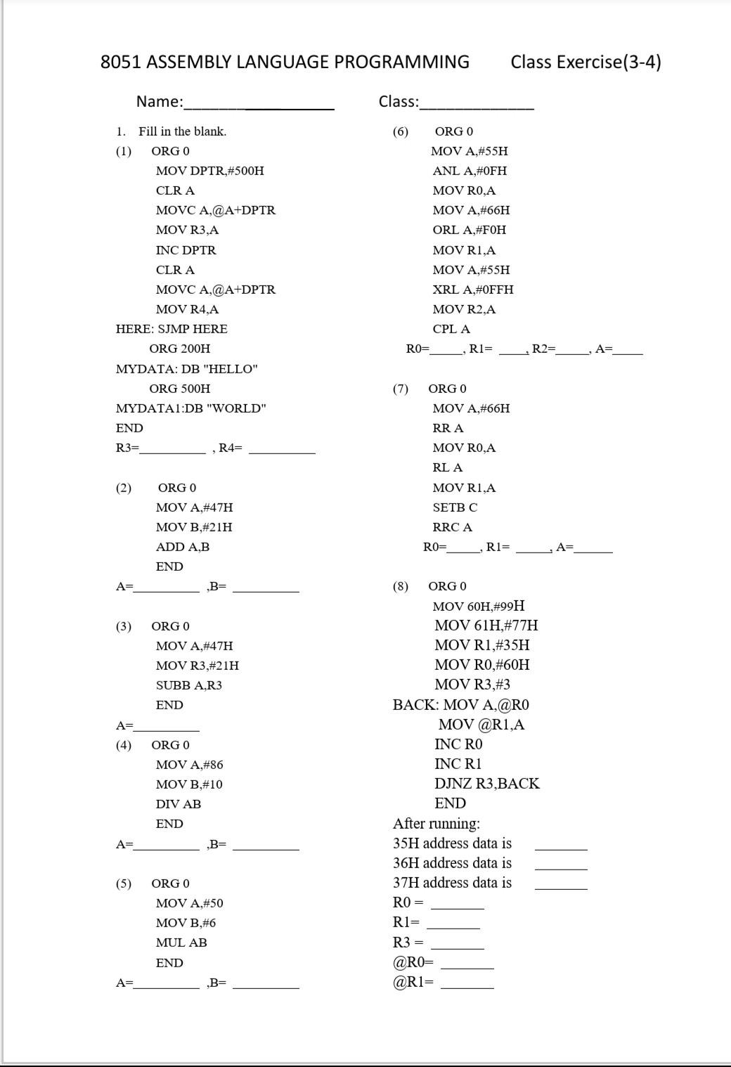Solved 8051 ASSEMBLY LANGUAGE PROGRAMMING Class | Chegg.com