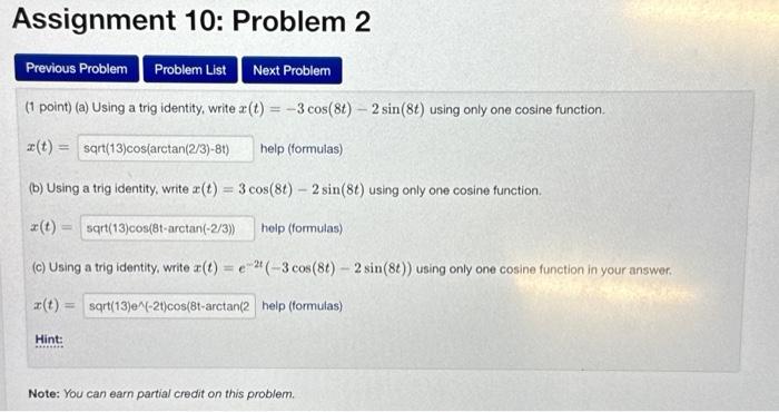 Solved Assignment 10 Problem 1 Previous Problem Problem 