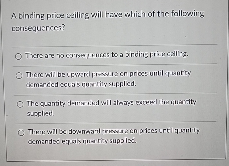 Solved A binding price ceiling will have which of the | Chegg.com
