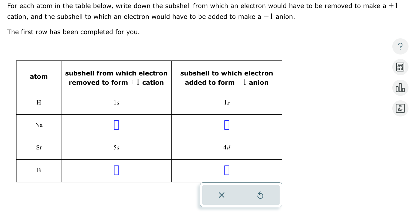 Solved For each atom in the table below, write down the | Chegg.com