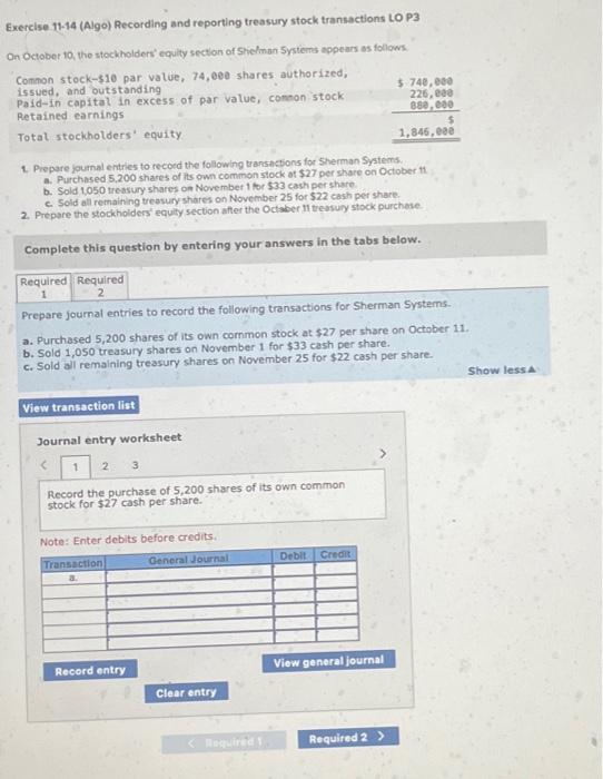 Solved Exercise 11-14 (Algo) Recording and reporting | Chegg.com
