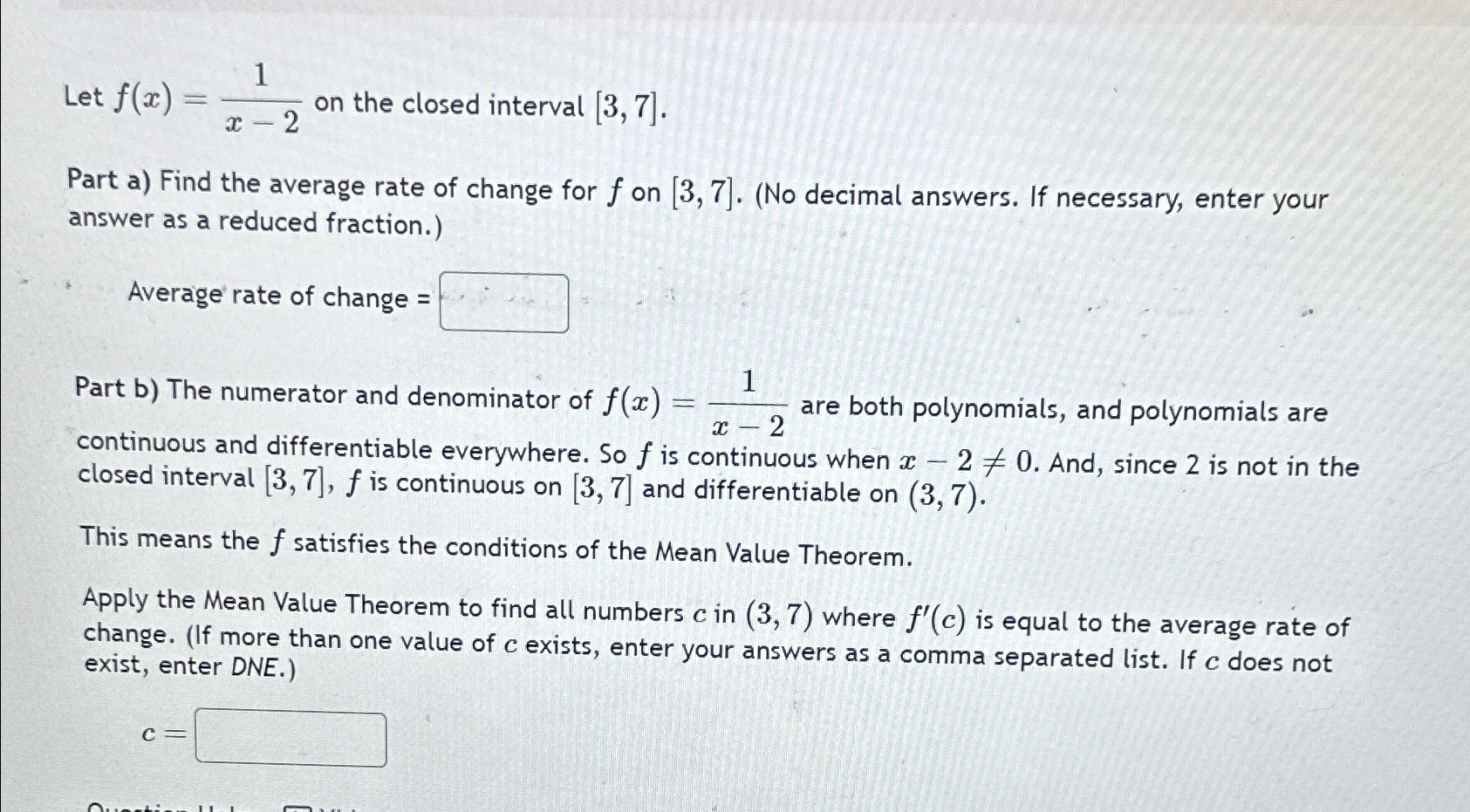 Solved Let f(x)=1x-2 ﻿on the closed interval 3,7.Part a) | Chegg.com