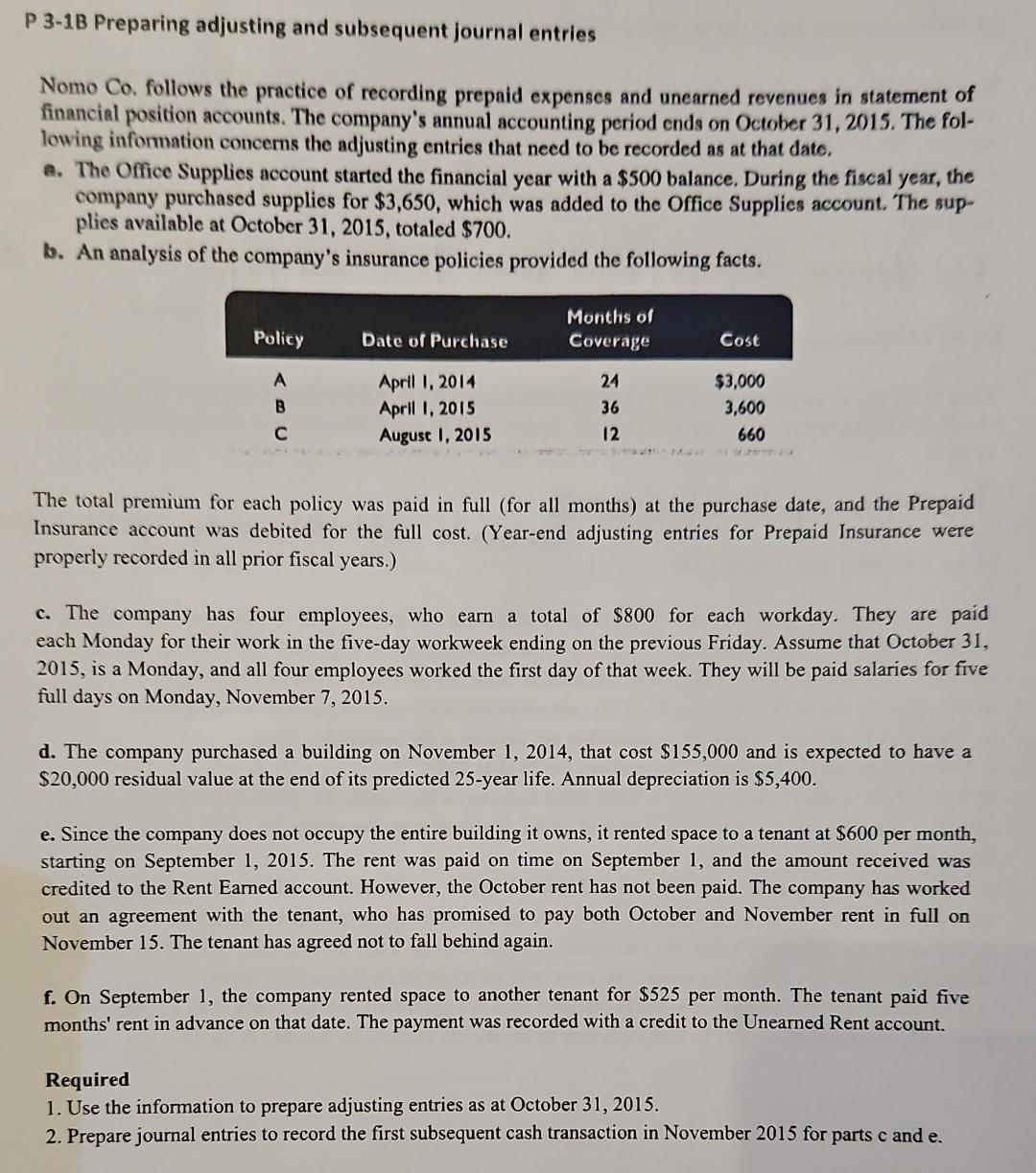 Solved P 3-1B Preparing adjusting and subsequent journal | Chegg.com