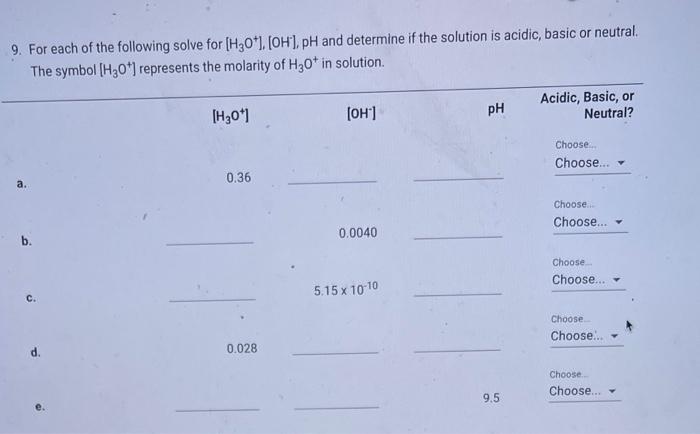Solved 9. For each of the following solve for [H30*1. [OH'), | Chegg.com