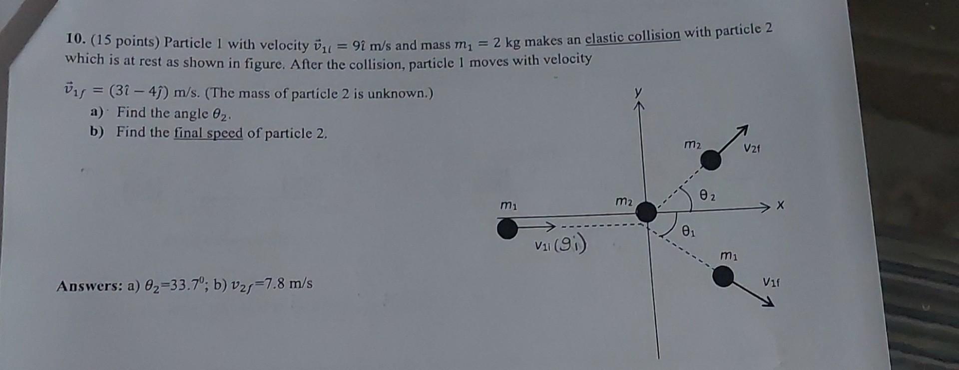 Solved 10. ( 15 points) Particle 1 with velocity v1ι=9 ^m/s | Chegg.com