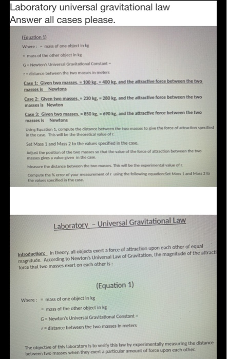 Solved Laboratory universal gravitational law Answer all | Chegg.com