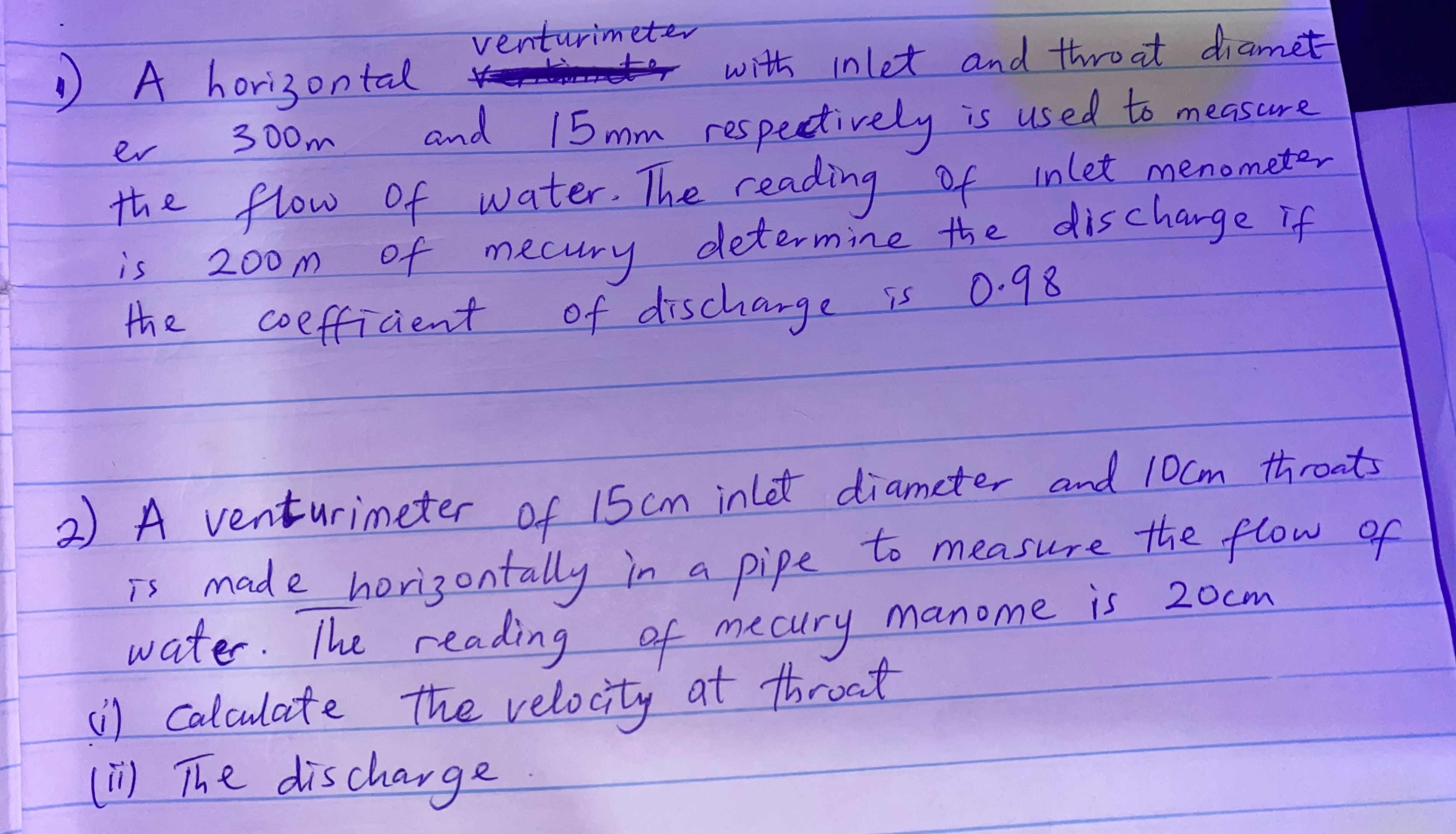 Solved A horizontal venturimeter with inlet and throat | Chegg.com