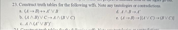 Solved 23. Construct truth tables for the following wffs. | Chegg.com