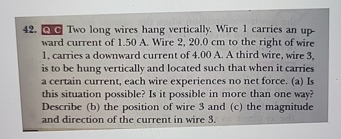 Solved Q C Two long wires hang vertically. Wire 1 ﻿carries | Chegg.com