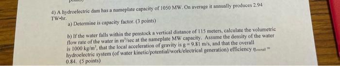 Solved 4) A hydroelectric dam has a nameplate capacity of | Chegg.com