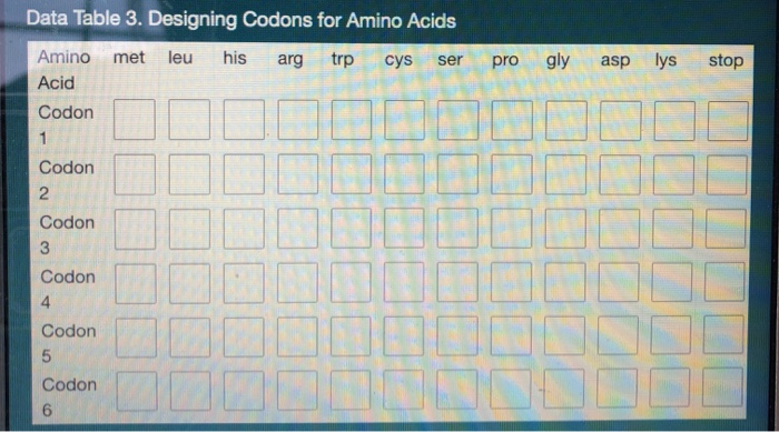 Solved Data Table 3. Designing Codons for Amino Acids his | Chegg.com