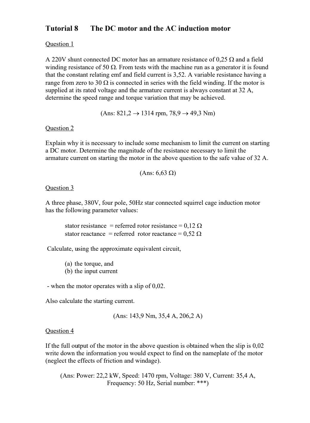 Solved Tutorial 8 The DC motor and the AC induction motor | Chegg.com