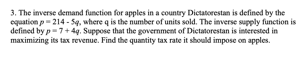 Solved The inverse demand function for apples in a country | Chegg.com