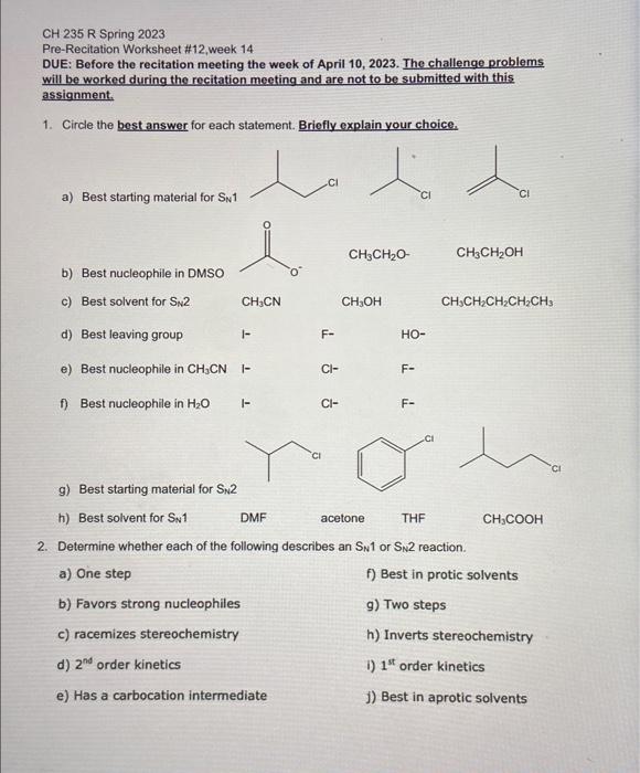 Solved CH 235 R Spring 2023 Pre-Recitation Worksheet \#12, | Chegg.com