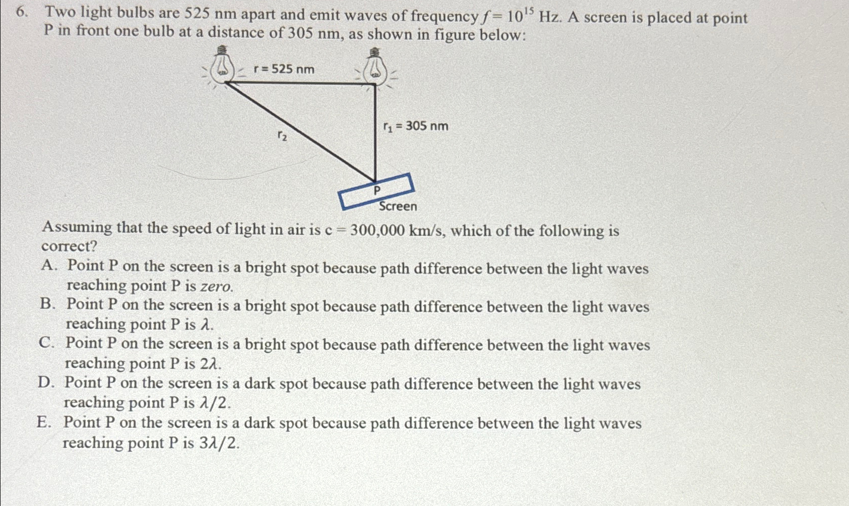Solved Two light bulbs are 525nm ﻿apart and emit waves of | Chegg.com