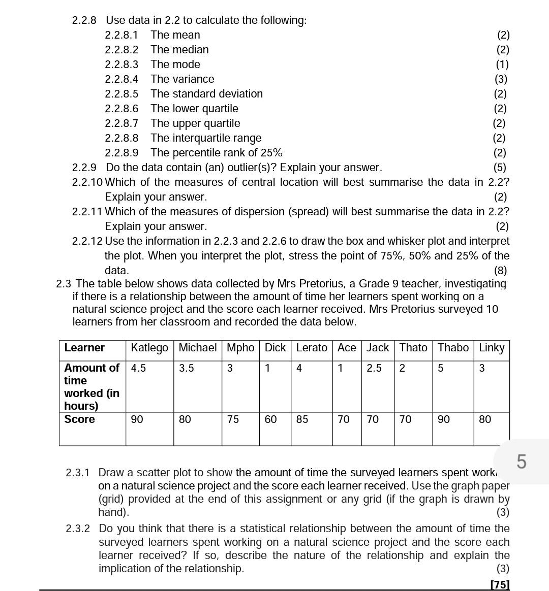 2.2.8 Use data in 2.2 to calculate the following: | Chegg.com
