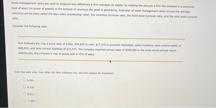 Solved Asset management ratios are used to measure how | Chegg.com