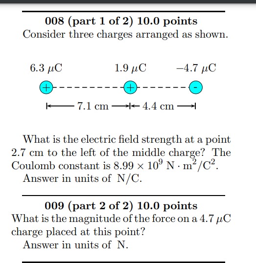 Solved 008 (part 1 ﻿of 2) 10.0 ﻿pointsConsider three charges | Chegg.com