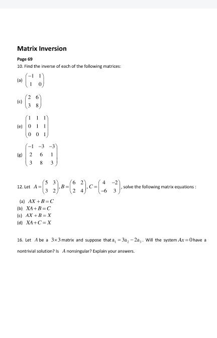 Solved Matrix Inversion Page 69 10. Find the inverse of each | Chegg.com