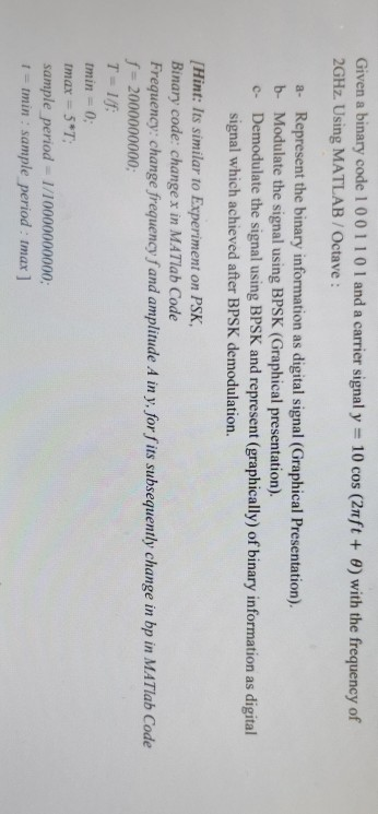 Solved Given a binary code 100110 1 and a carrier signal y = | Chegg.com