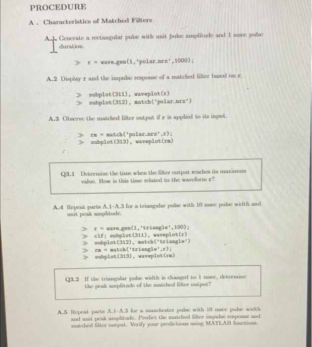 PROCEDURE A. Characteristics of Matched Filters A. | Chegg.com