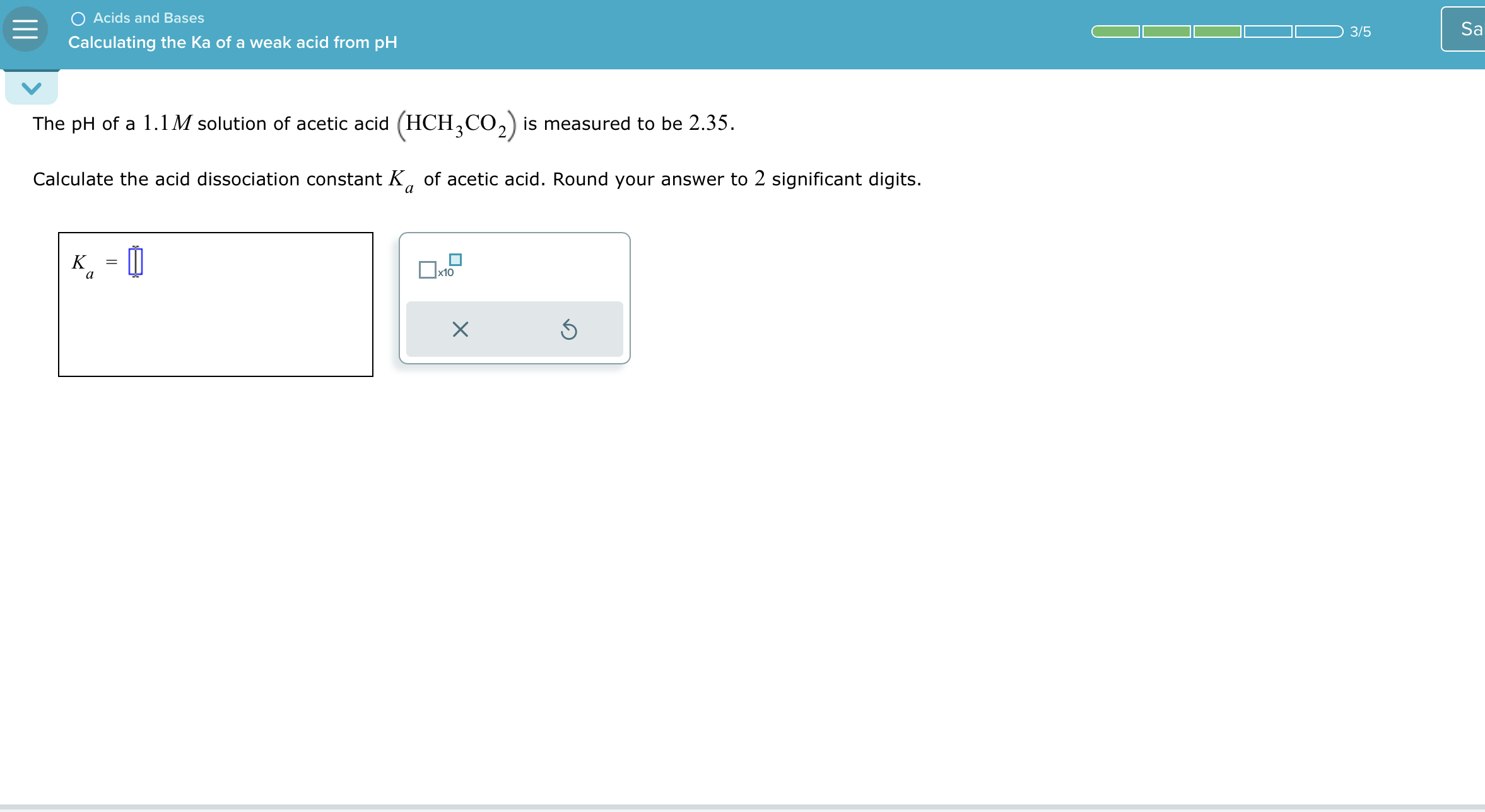 The pH ﻿of a 1.1M ﻿solution of acetic acid (HCH3CO2) | Chegg.com