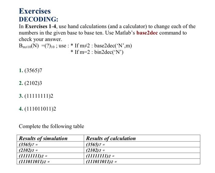 Solved Exercises DECODING: In Exercises 1-4, use hand | Chegg.com