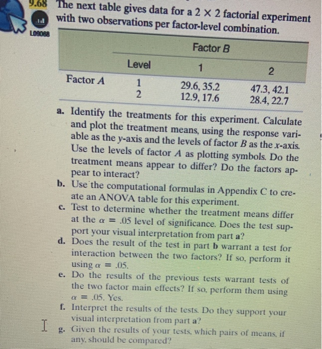 Solved 9.68 The next table gives data for a 2 x 2 factorial | Chegg.com