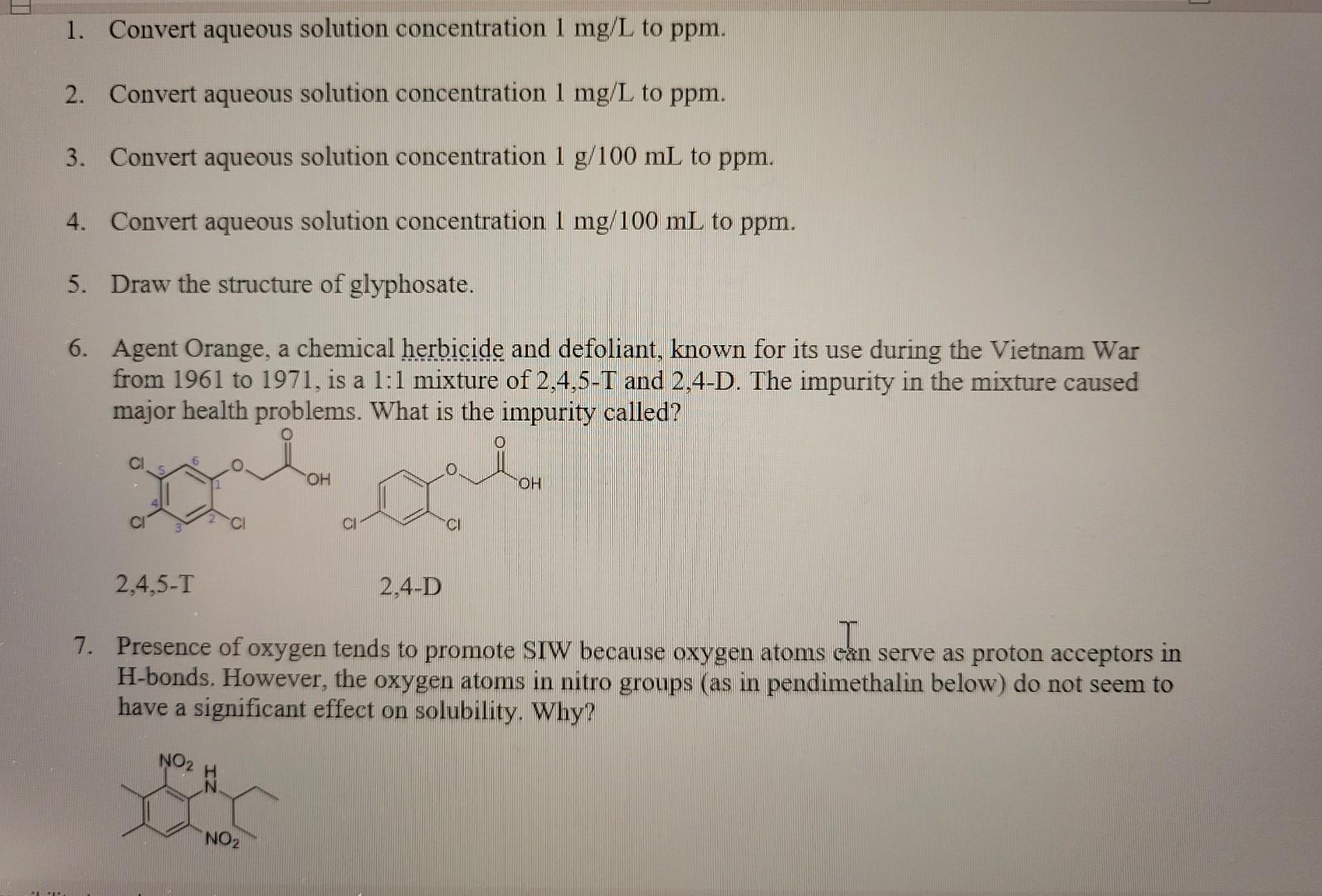Solved 1. Convert aqueous solution concentration 1mg/L to | Chegg.com