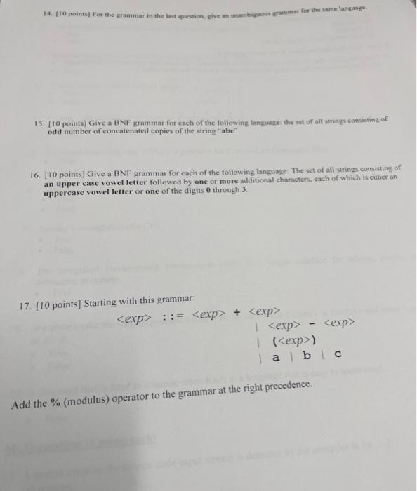 Solved 14. [10 points] For the gramasar in the last | Chegg.com