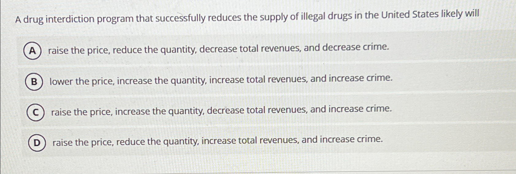 Solved A drug interdiction program that successfully reduces | Chegg.com