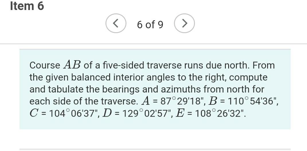 Solved Item 6 Course AB of a five-sided traverse | Chegg.com
