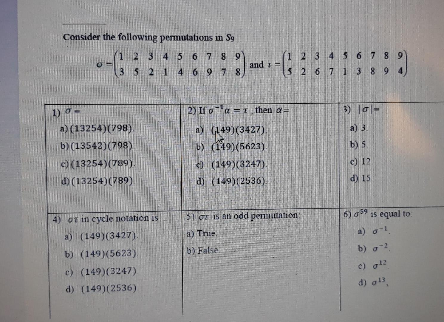 Solved Consider the following permutations in Sg = 1 2 3 4 5 | Chegg.com