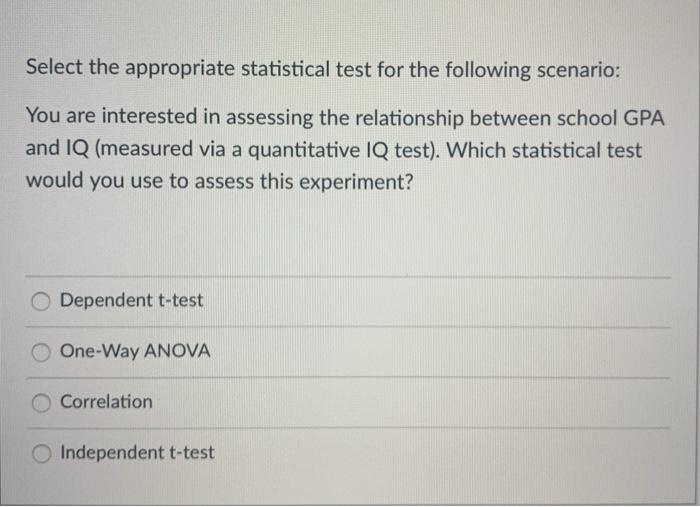 Solved Select the appropriate statistical test for the | Chegg.com