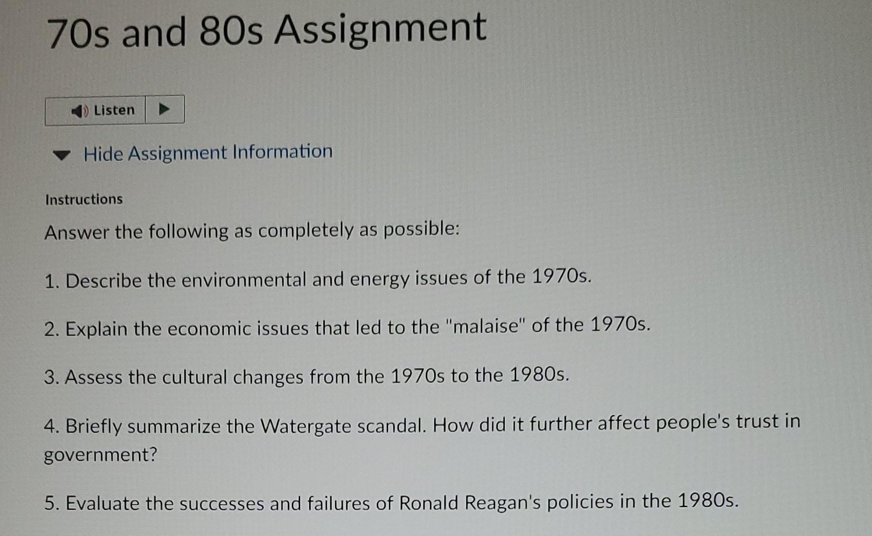 70s and 80s Assignment Hide Assignment Information | Chegg.com 70s and 80s Assignment Hide Assignment Information | Chegg.com