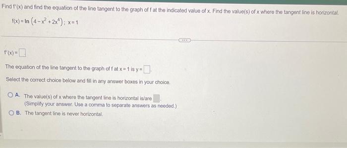 Solved Find f′(x) and find the equation of the line tangent | Chegg.com