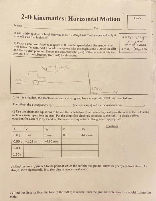 Solved 2-D kinematics: Horizontal Motion Grade Name Date A | Chegg.com