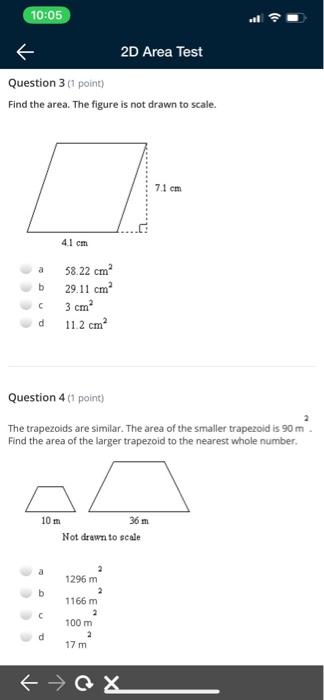 Solved 10:05 2D Area Test Question 3 (1 point) Find the | Chegg.com