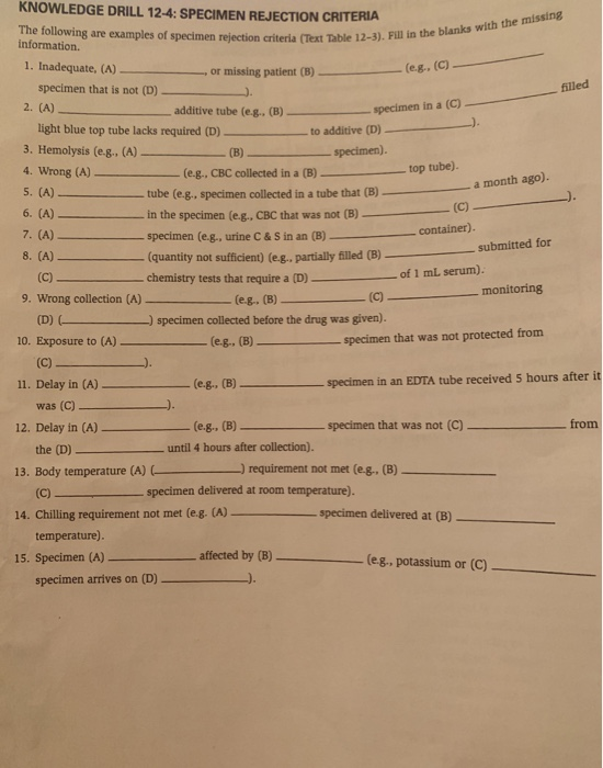KNOWLEDGE DRILL 12-4: SPECIMEN REJECTION CRITERIA The | Chegg.com