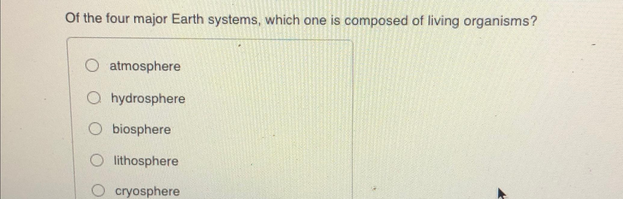 Solved Of the four major Earth systems, which one is | Chegg.com