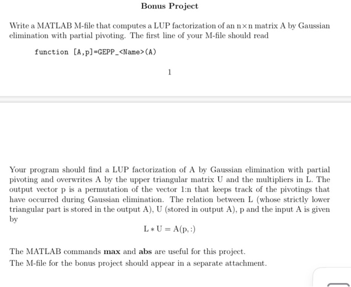 Solved Write a MATLAB M-file that computes a LUP | Chegg.com