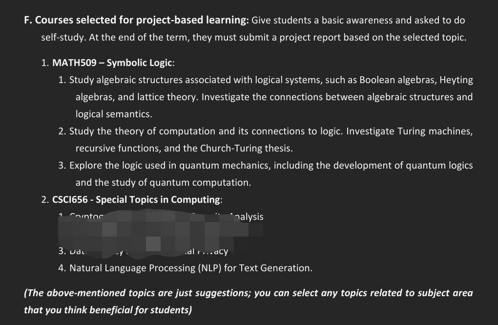 Solved F. Courses selected for project-based learning: Give | Chegg.com