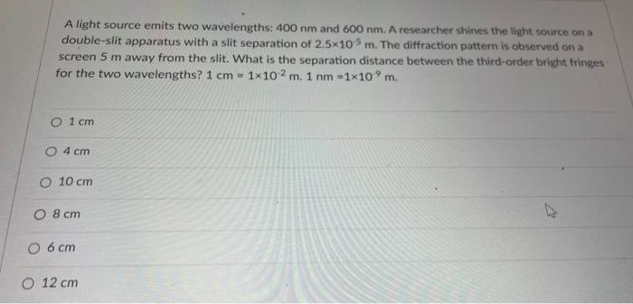 Solved A light source emits two wavelengths: 400 nm and 600 | Chegg.com