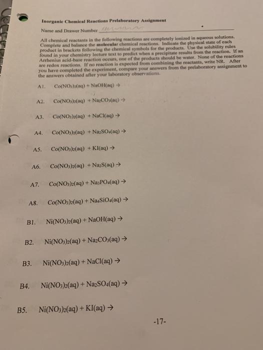 Solved Inorganie Chemical Reactions Prelaboratory Assignment | Chegg.com