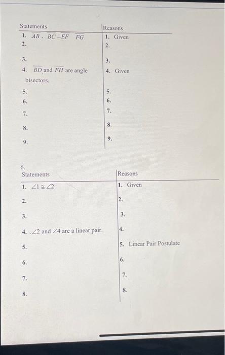 4. Statements 1. AB,BD⊥EDBD 2. 3. 4. 5. ∠ABC≅∠EDC 6. | Chegg.com