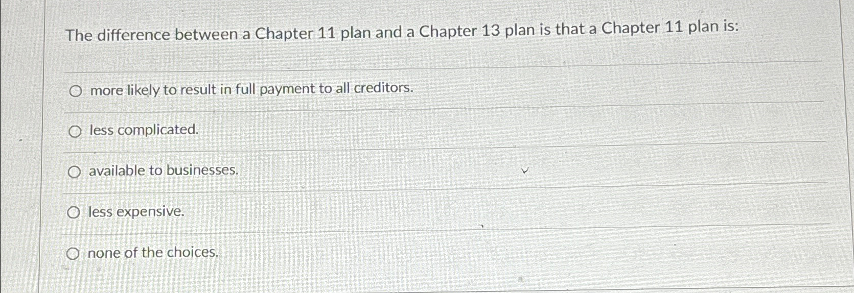 Solved The difference between a Chapter 11 ﻿plan and a | Chegg.com