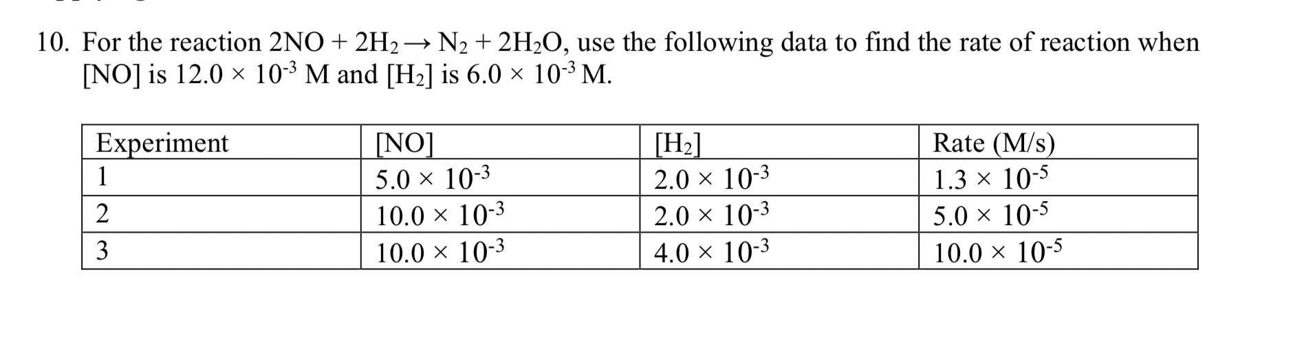 Solved For the reaction 2NO+2H2→N2+2H2O, ﻿use the following | Chegg.com