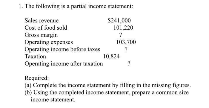 Solved 1. The following is a partial income statement: | Chegg.com
